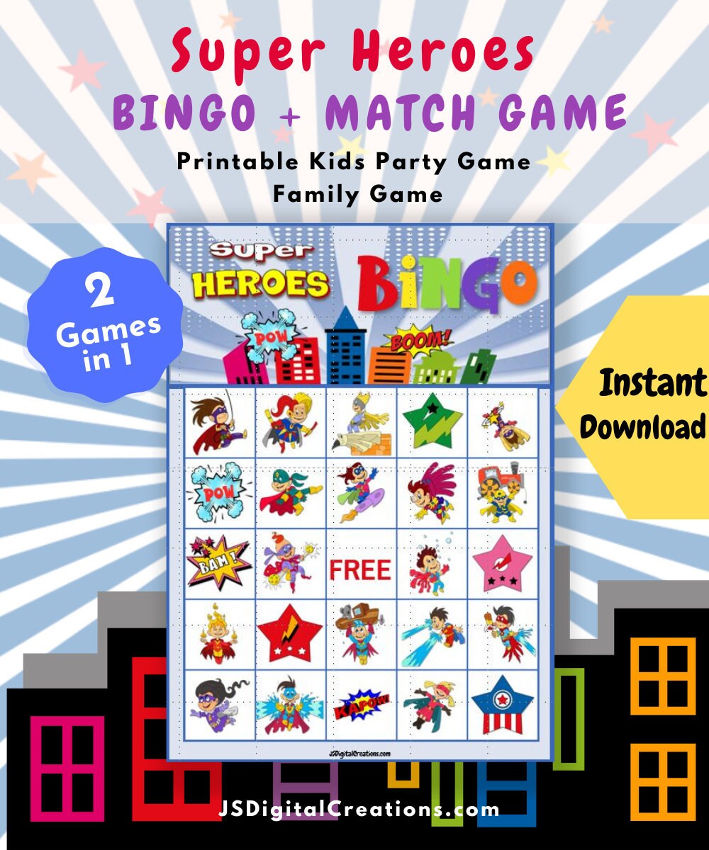 Super Heroes Bingo and Match Game | Kid's Party Game | Family Activity ...