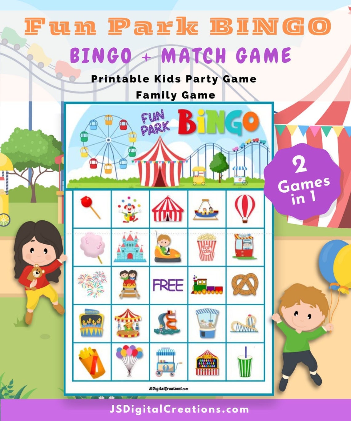 Fun Park Bingo and Match Game Theme Park Bingo Kid's | Etsy