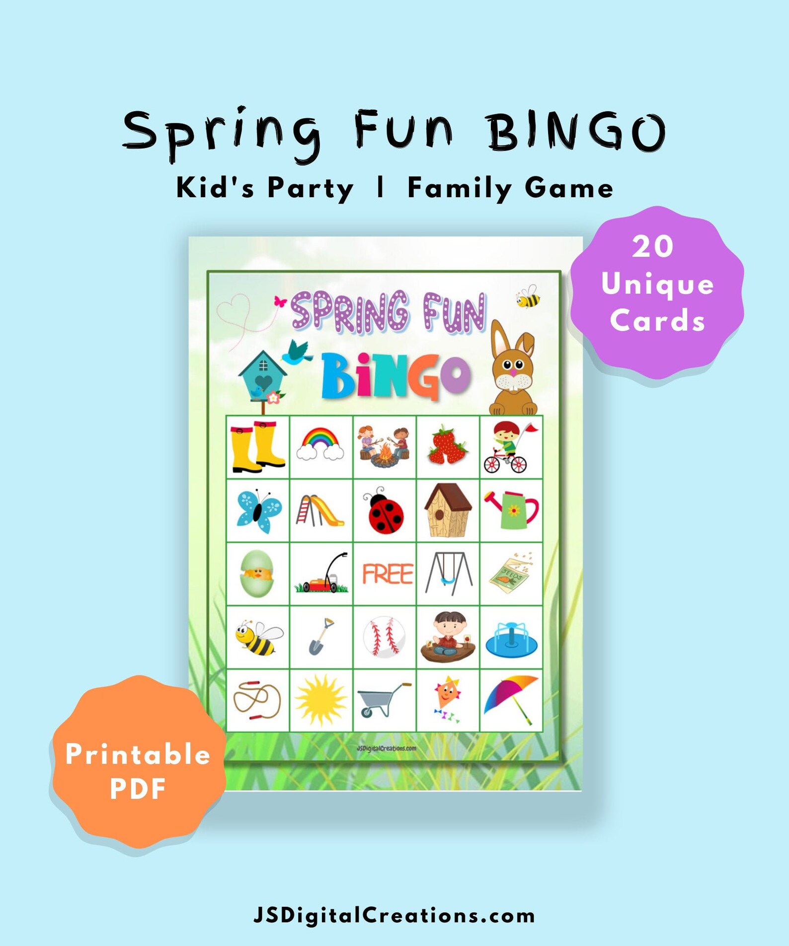 Spring Fun Bingo Kid's Party Game Family Activity 20 | Etsy