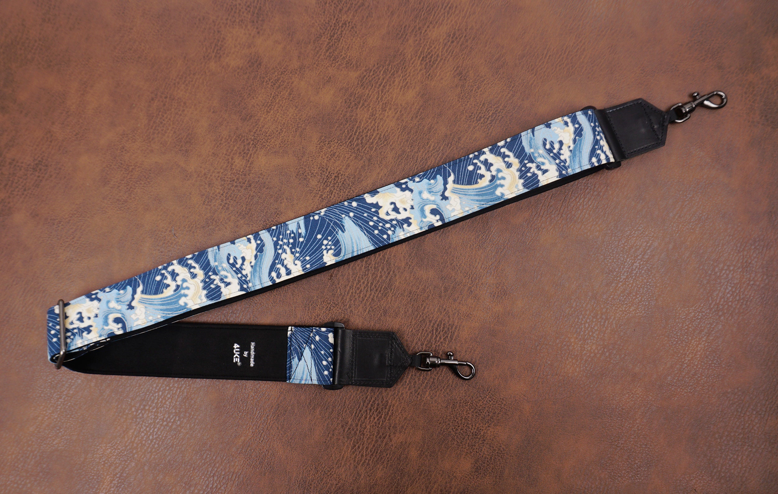 Personalized Blue Wave Banjo Strap With Leather Ends and Hook, Fathers ...