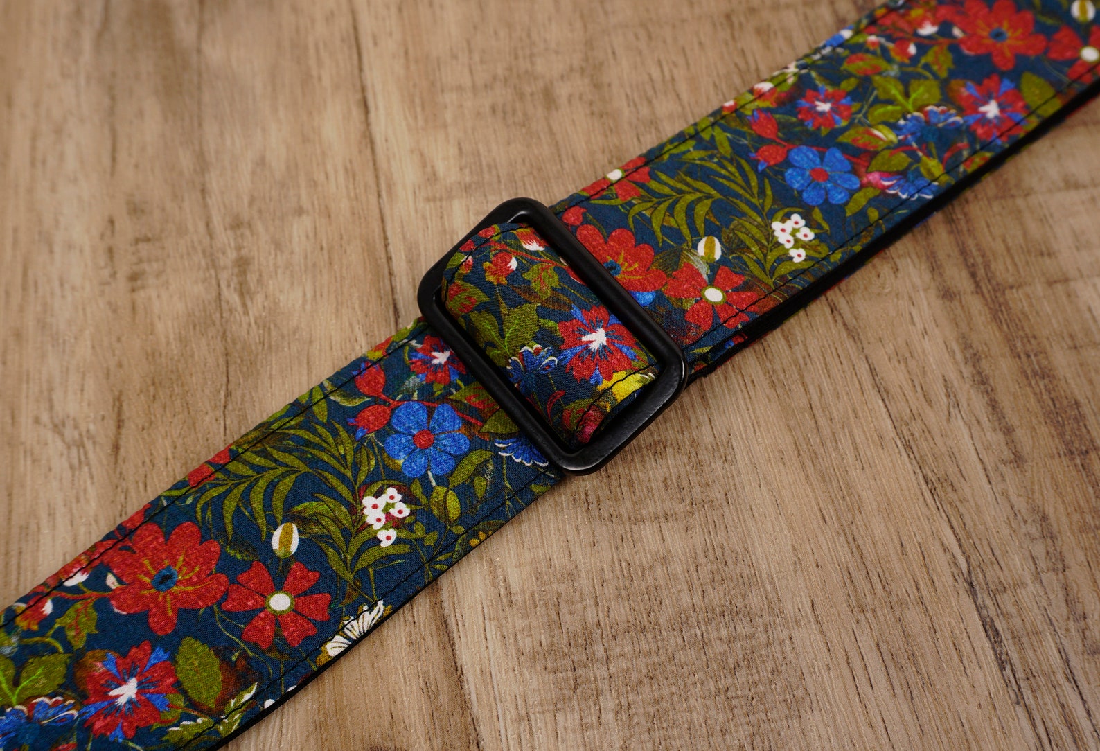 Personalized red blue flowers ukulele strap with leather ends | Etsy