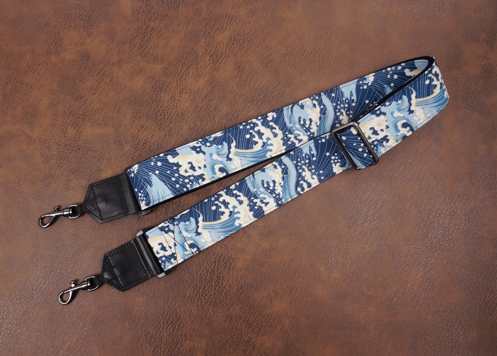 Personalized Blue Wave Banjo Strap With Leather Ends and Hook, Fathers ...