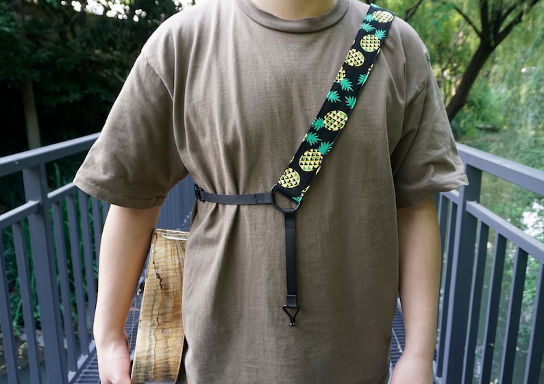 Hook clip-on ukulele strap with pineapple printed on black | Etsy