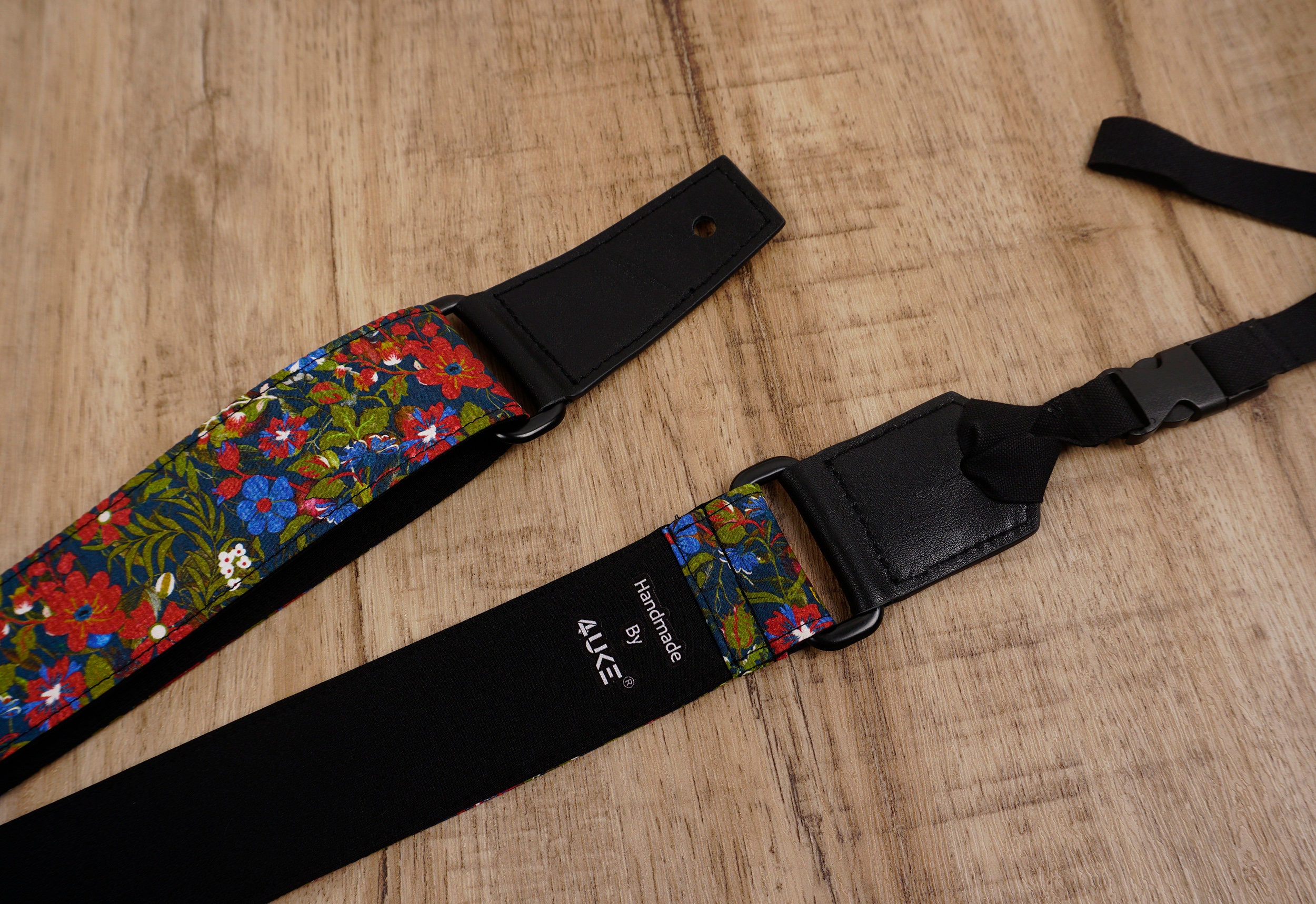 Personalized red blue flowers ukulele strap with leather ends | Etsy