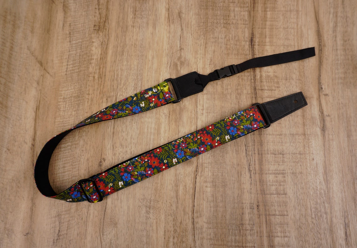 Personalized red blue flowers ukulele strap with leather ends | Etsy