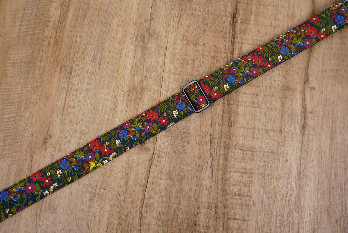 Personalized red blue flowers ukulele strap with leather ends | Etsy