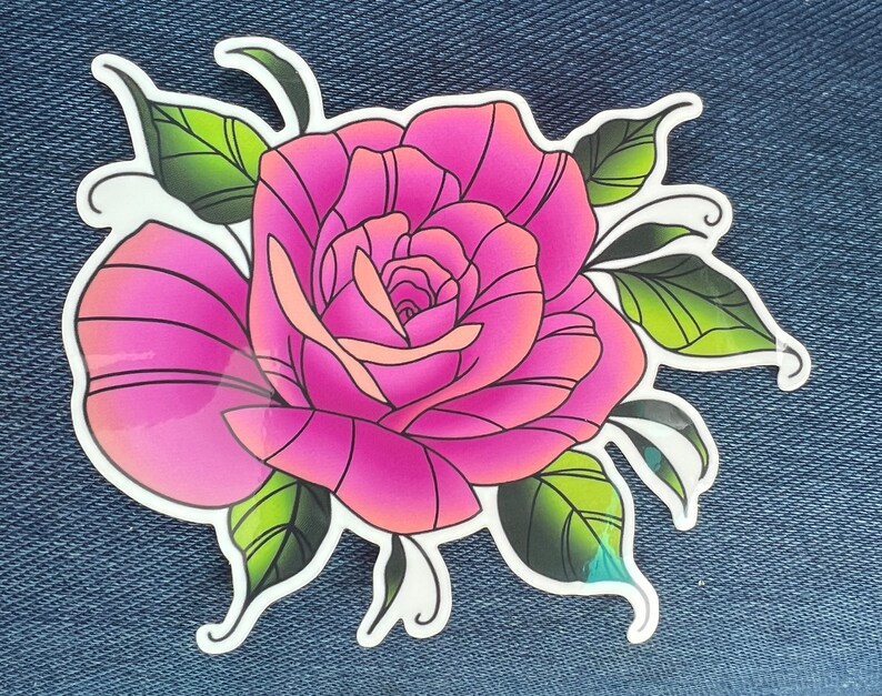 Neotraditional Pink Rose Sticker: Waterproof Vinyl Tattoo Design - Etsy