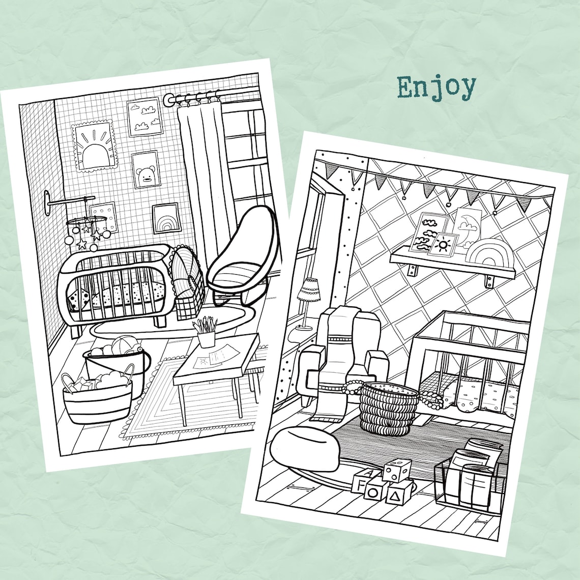 Nurseries Coloring Pages, Set of 5 Coloring Pages for Adults or Kids ...