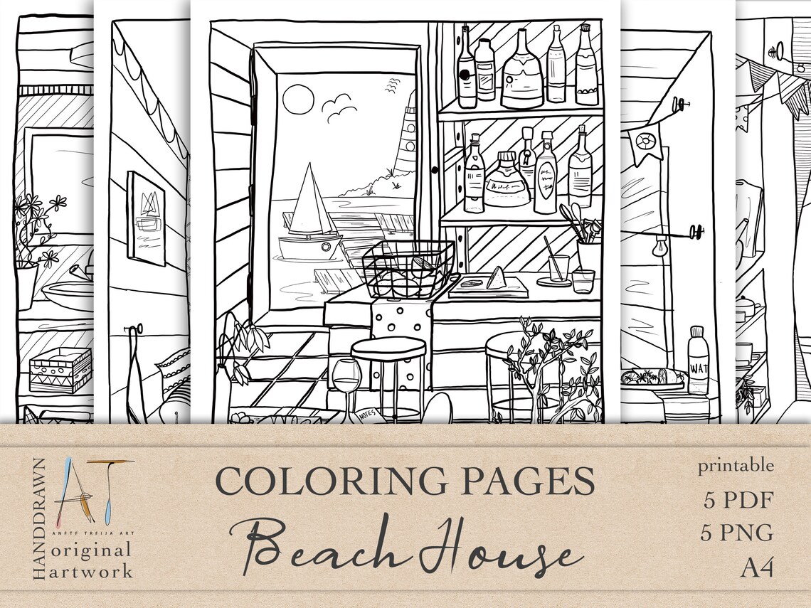 Bundle of 5 only for Adults Coloring Pages Beach House - Etsy