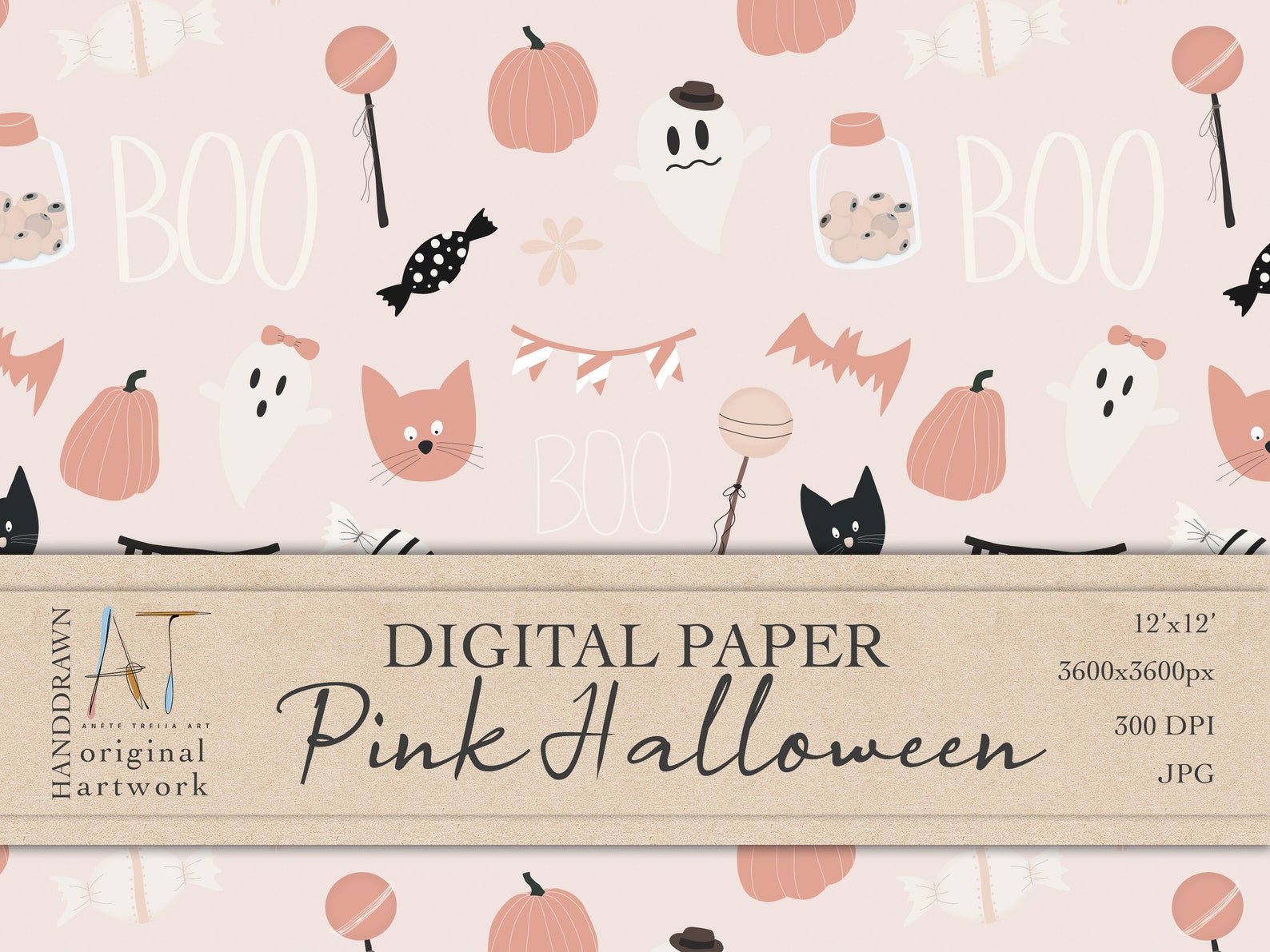 Pink Halloween Digital Paper - Cute Halloween Digital Pattern ...