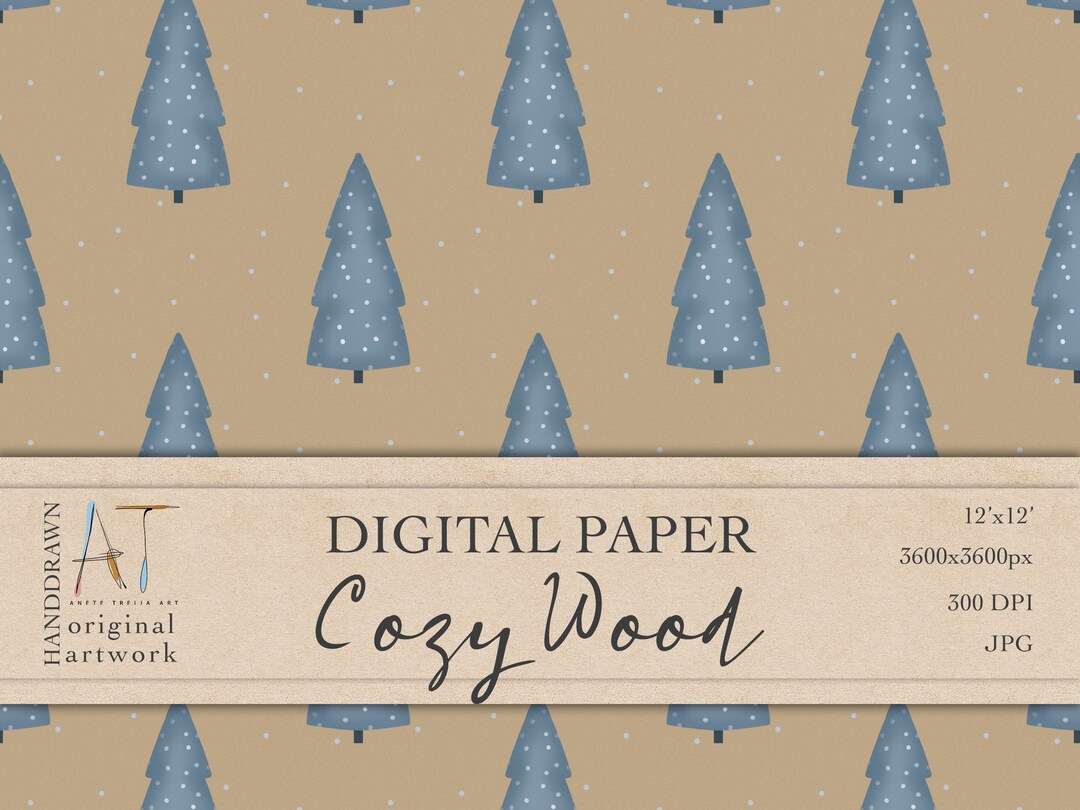 Cozy Wood Digital Paper - Blue Christmas Trees Pattern - Seamless ...
