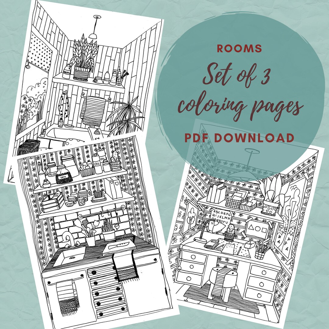 Rooms, Set of Adult Coloring Pages, Set of Kids Coloring Pages ...