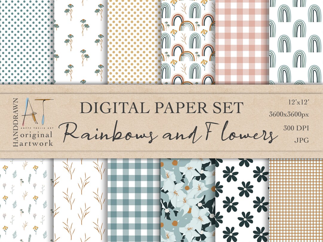 Rainbows and Flowers Digital Paper Set Floral Digital Patterns Rainbows ...