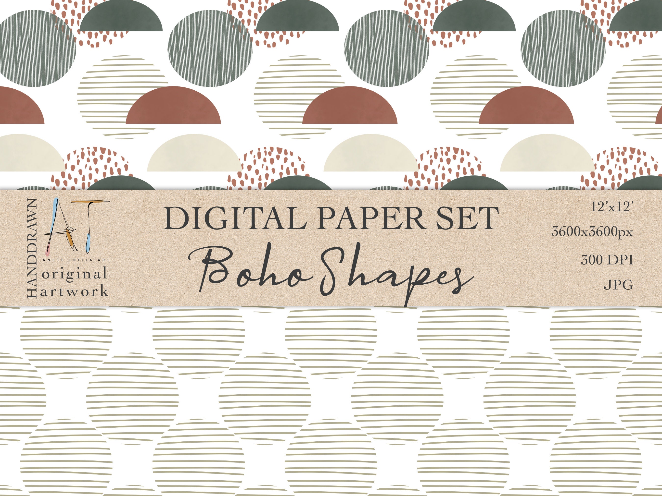 Boho Shapes Digital Papers - Boho Scrapbook Papers - Mid Century Modern ...