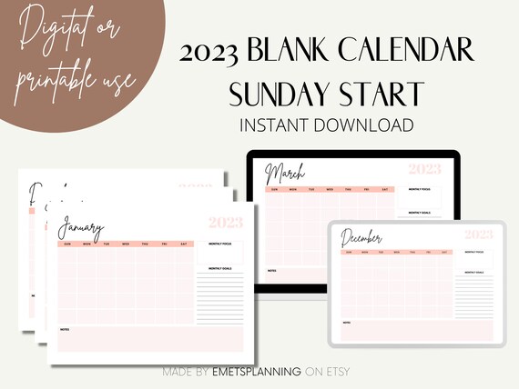 2023 Blank Calendar Printable Monthly Planner Landscape - Etsy