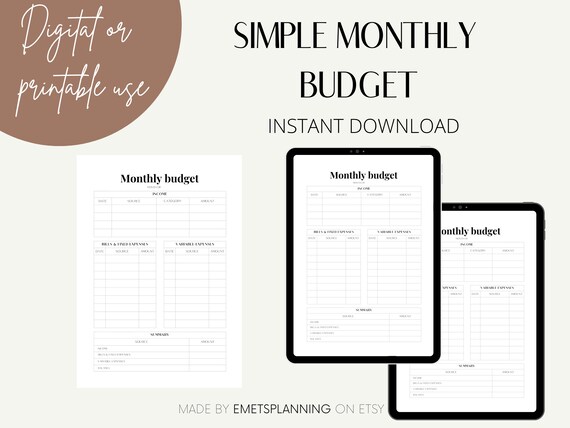Simple Monthly Budget Printable Budget Planner Simple - Etsy