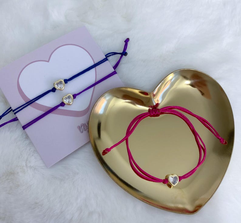 Gold CZ Heart Bracelet, Dainty Adjustable String Bracelet, Minimalist ...