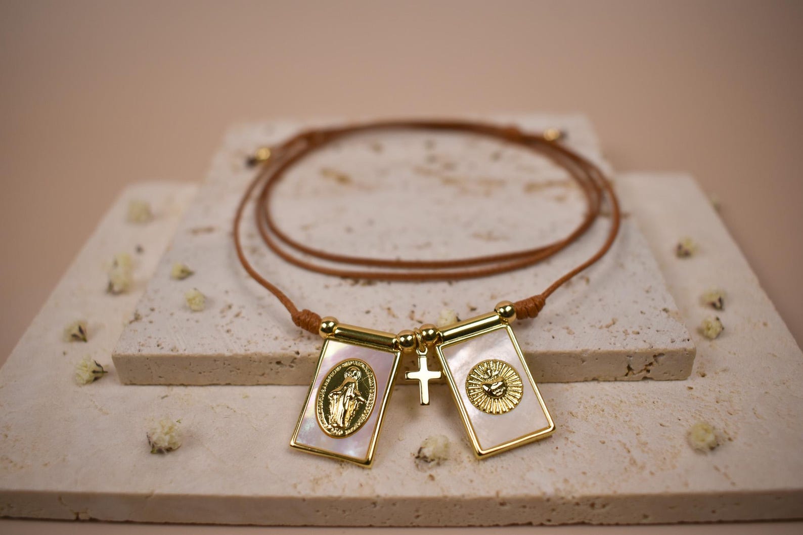 Mother of Pearl Scapular Necklace, Miraculous Medal, Sacred Heart ...