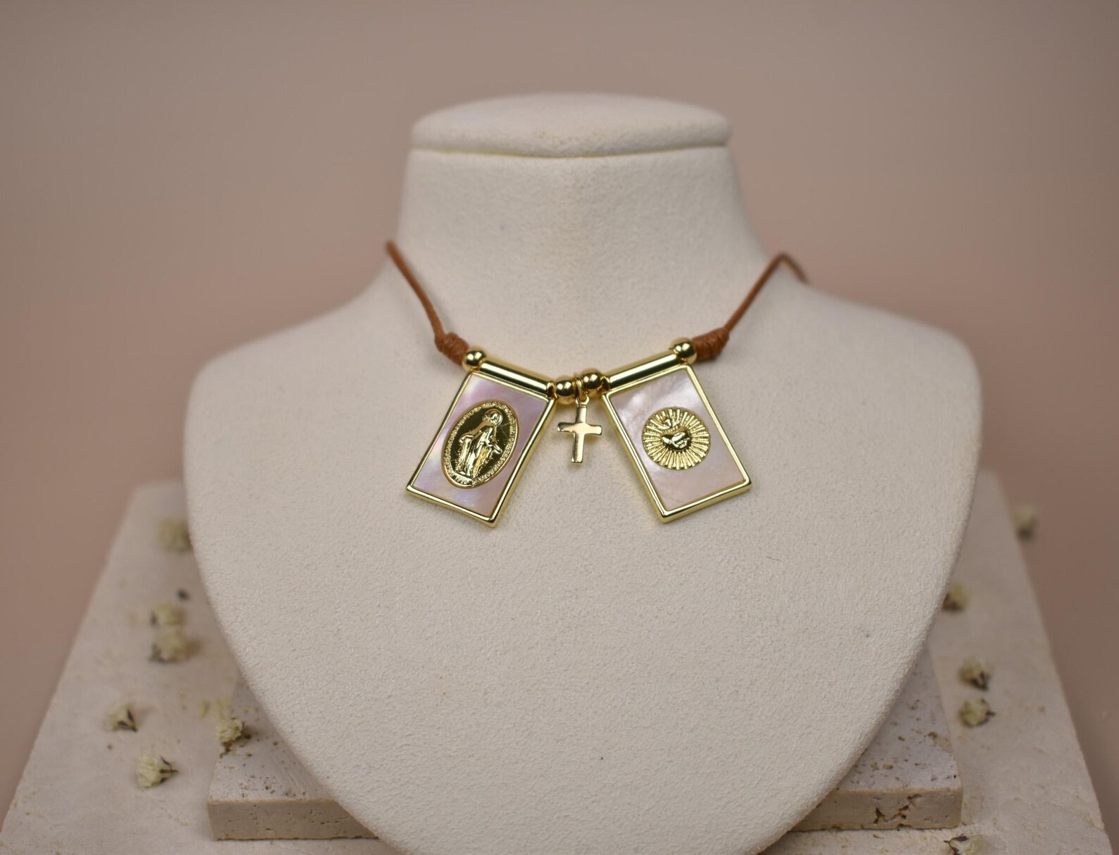 Mother of Pearl Scapular Necklace, Miraculous Medal, Catholic Necklace ...