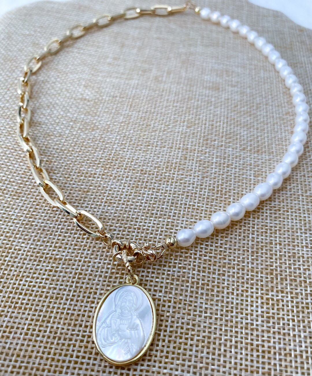 Mother of Pearl Sacred Heart Medal, Sacred Heart Necklace, Religious ...