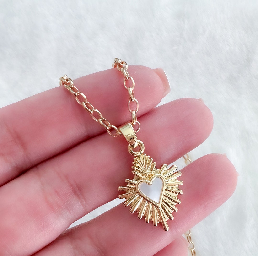 18k Gold Filled Sacred Heart Necklace, Mother of Pearl Sacred Heart ...