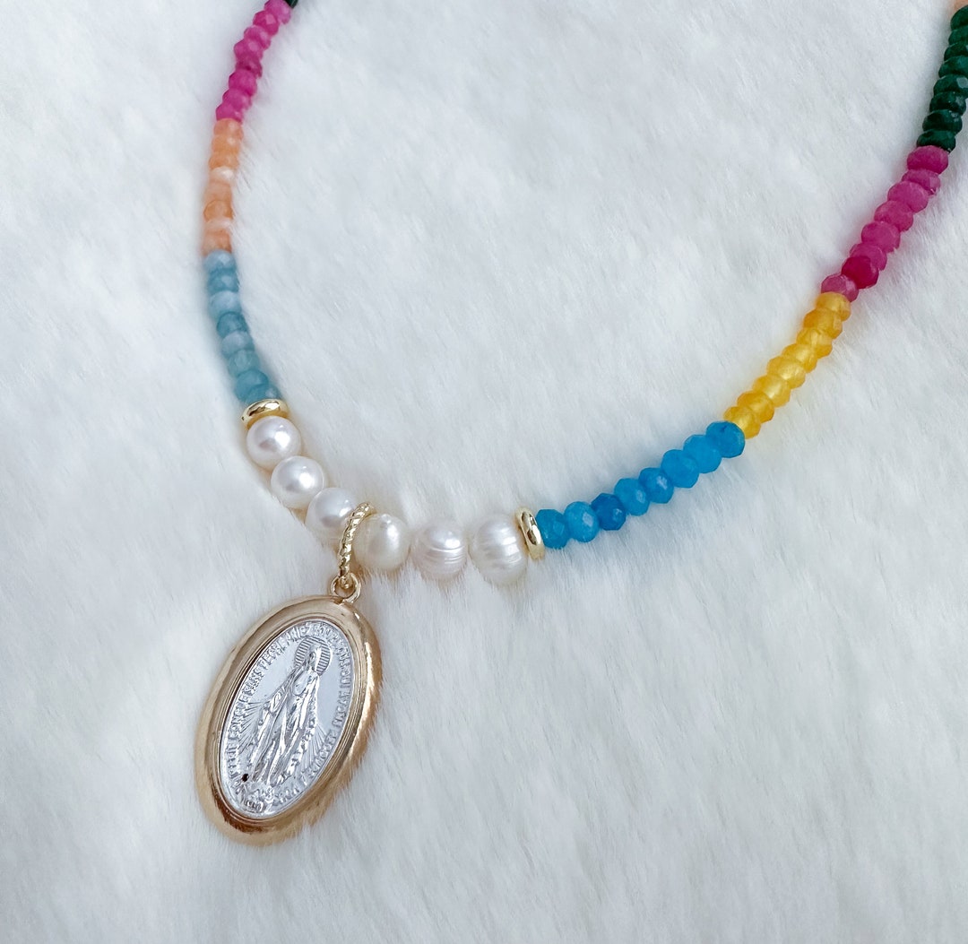 Beaded Miraculous Medal Necklace, Virgin Mary Necklace, Religious ...