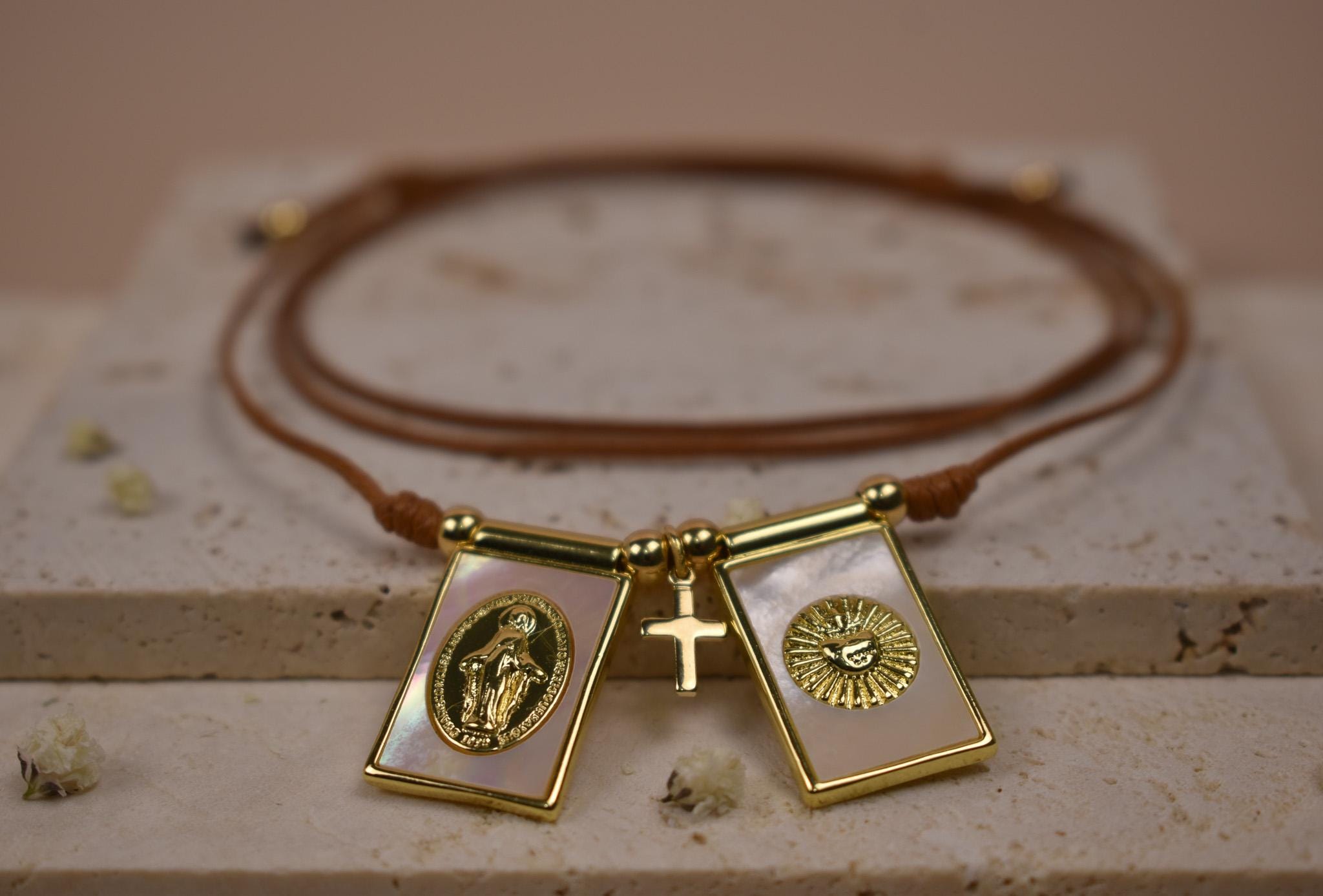 Mother of Pearl Scapular Necklace, Miraculous Medal, Sacred Heart ...