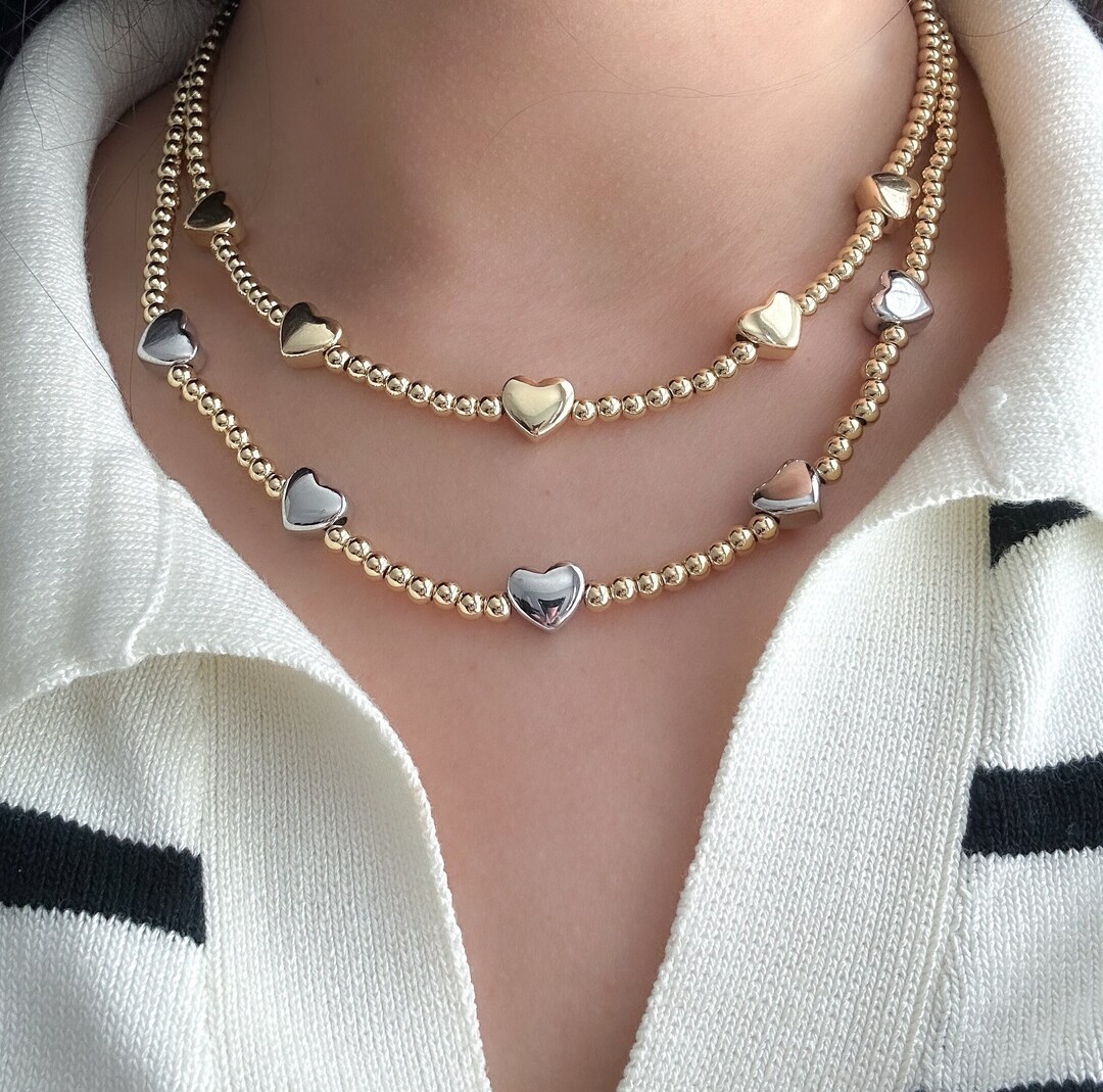 Gold Filled Beaded Heart Necklace, Gold and Silver Beaded Necklace ...
