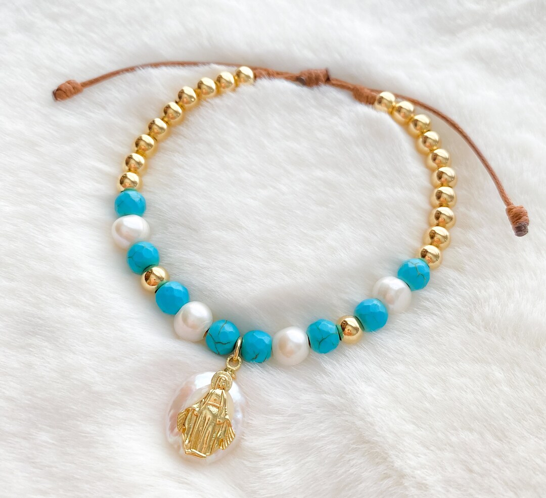 Gold Filled Beaded Virgin Mary Bracelet, Catholic Jewelry, Pearl ...