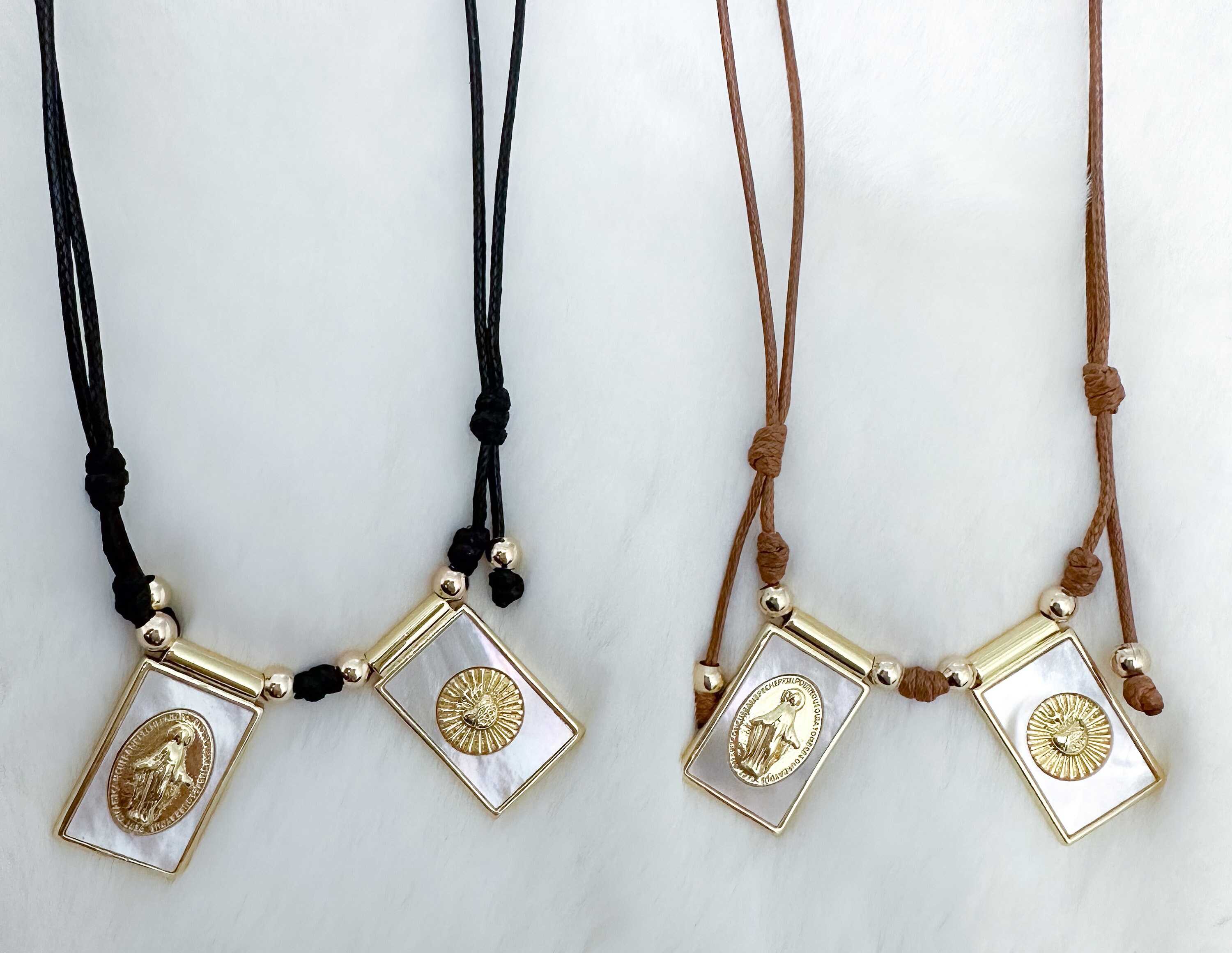Mother of Pearl Scapular Necklace, Miraculous Medal, Sacred Heart ...