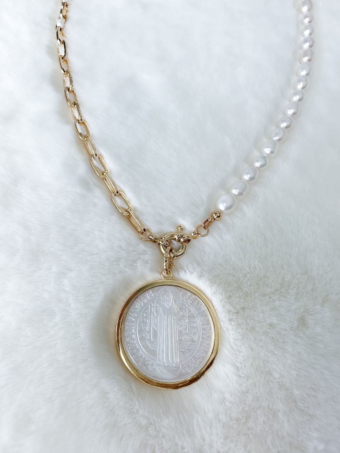 Mother of Pearl St Benedict Necklace, Catholic Jewelry, Catholic Gifts ...