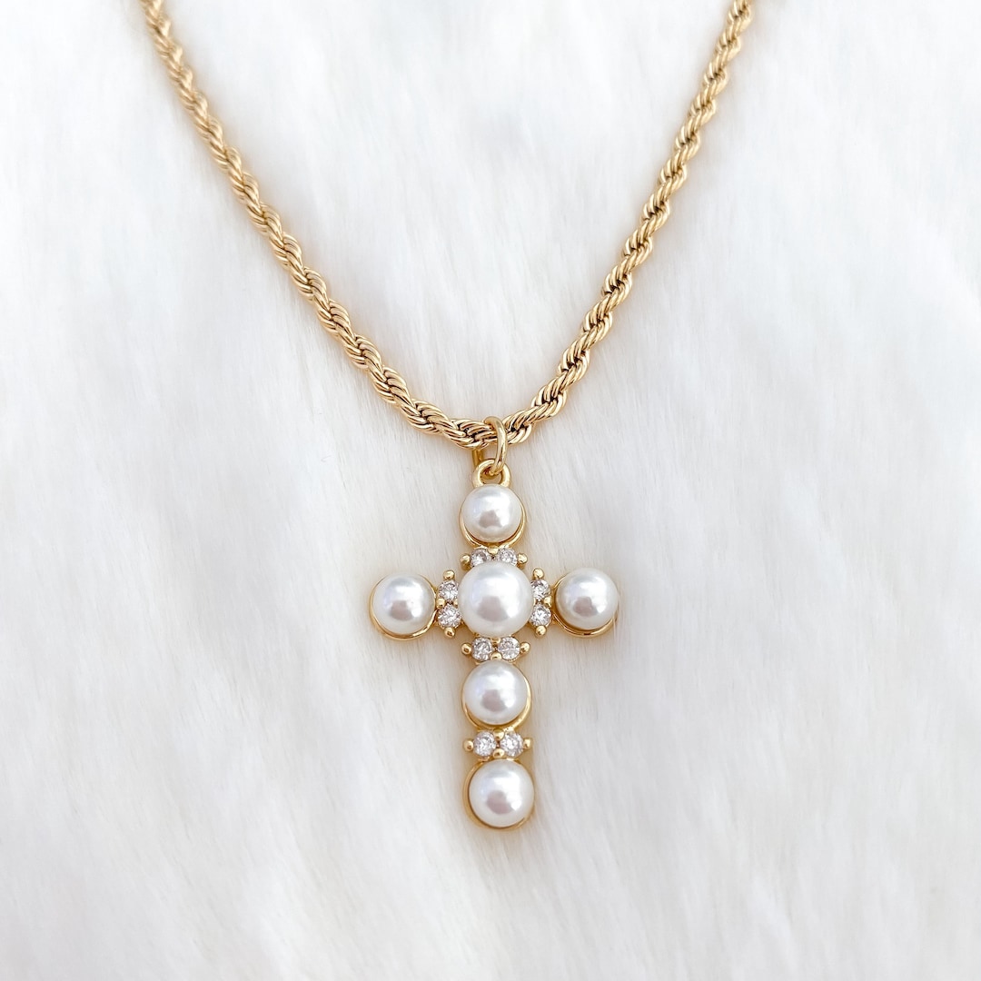 18k Gold Filled Pearl Cross Necklace, Cross Necklace for Women ...