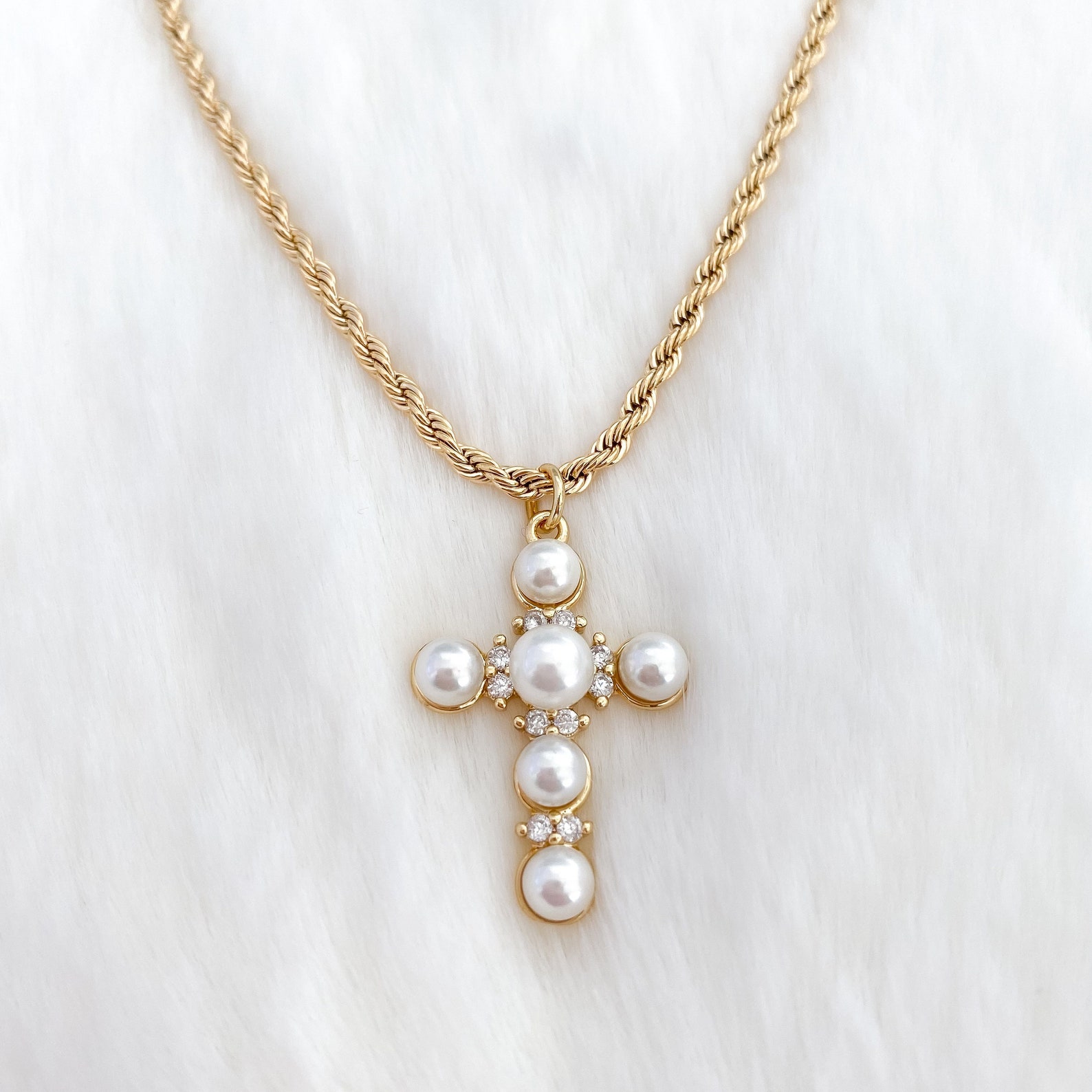 18k Gold Filled Pearl Cross Necklace Cross Necklace for - Etsy