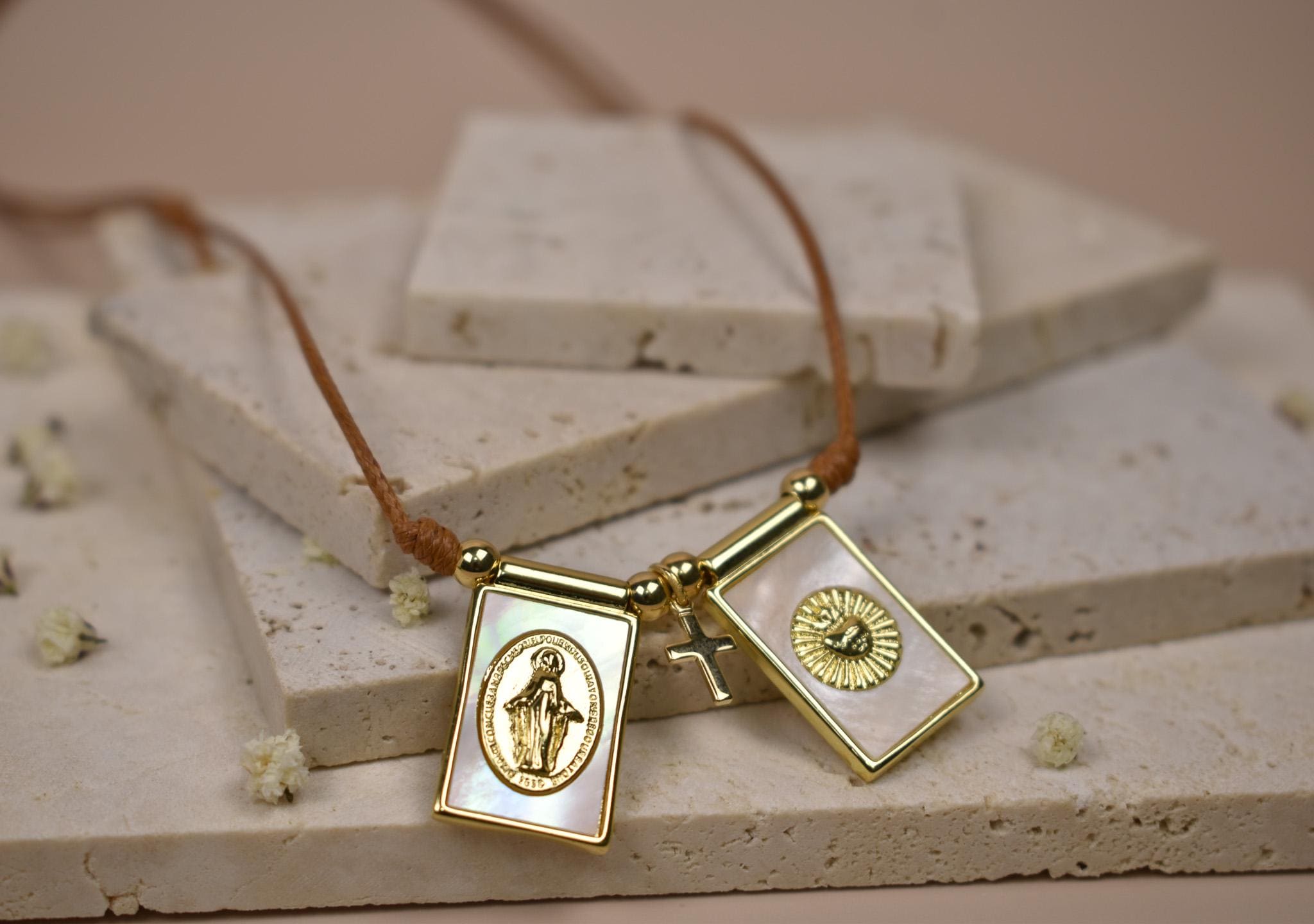 Mother of Pearl Scapular Necklace, Miraculous Medal, Sacred Heart ...