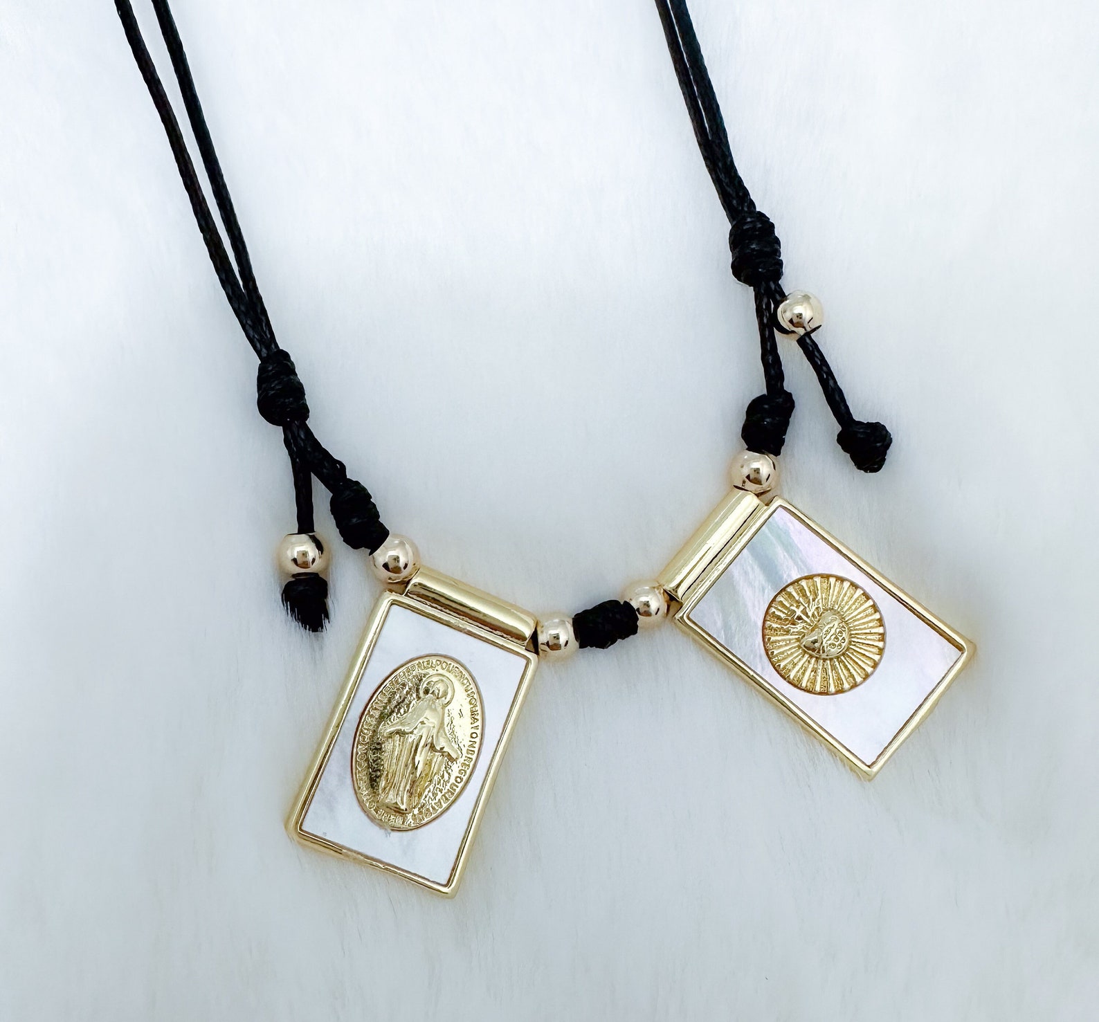 Mother of Pearl Scapular Necklace, Miraculous Medal, Sacred Heart ...