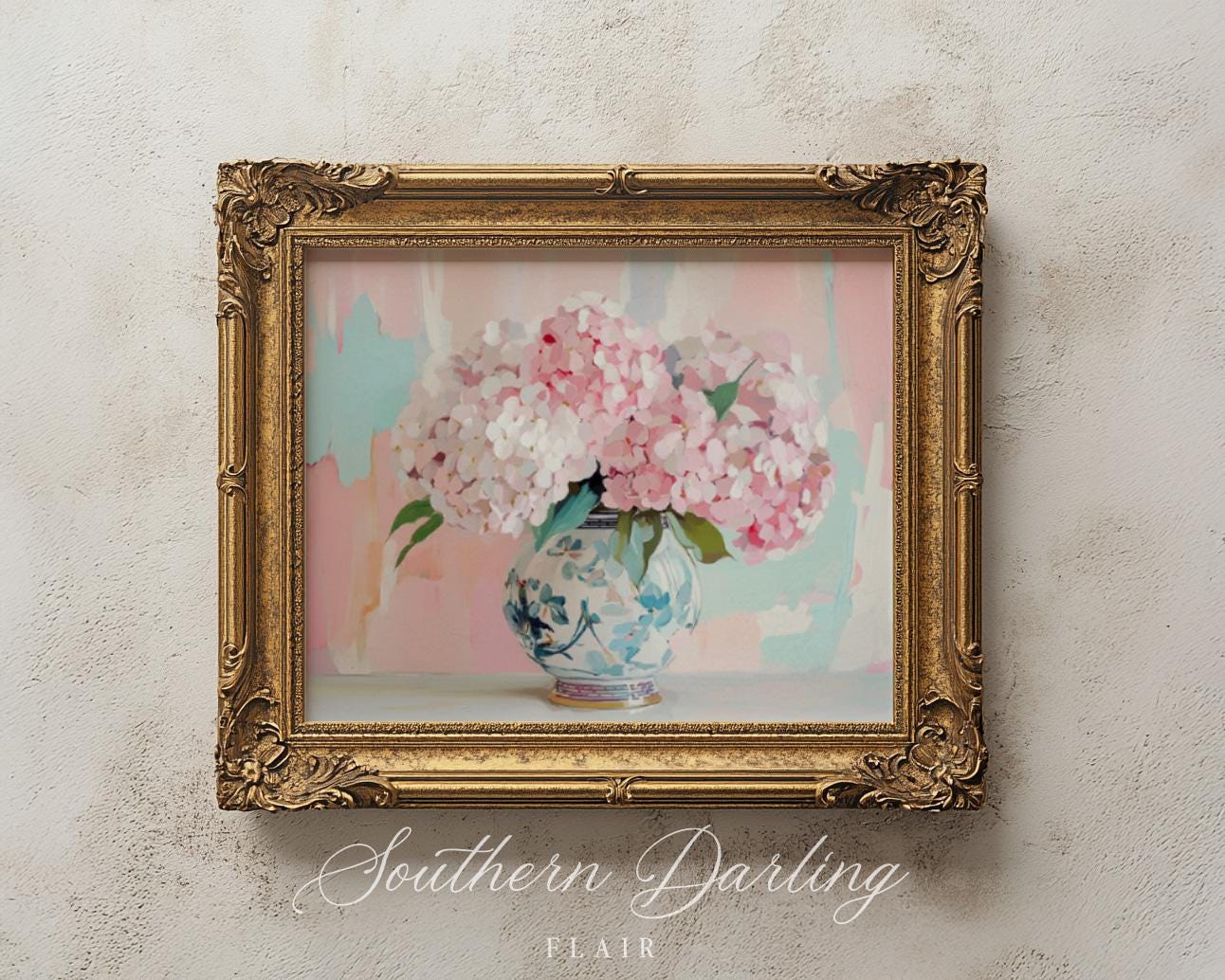 Pink Hydrangeas in Vase, Pastel Abstract Art Print, Southern Vibes ...