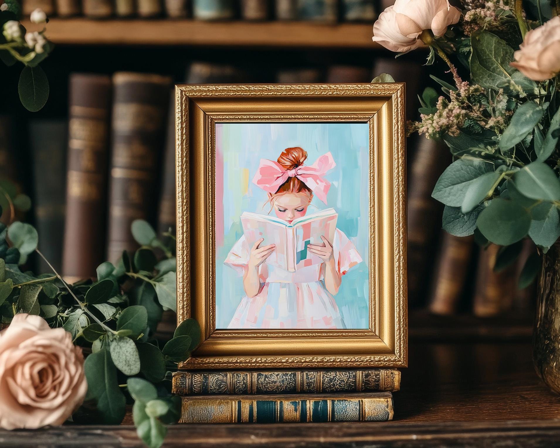 Redhead Little Girl Reading Art Print, Child With Book, Girly Pink ...