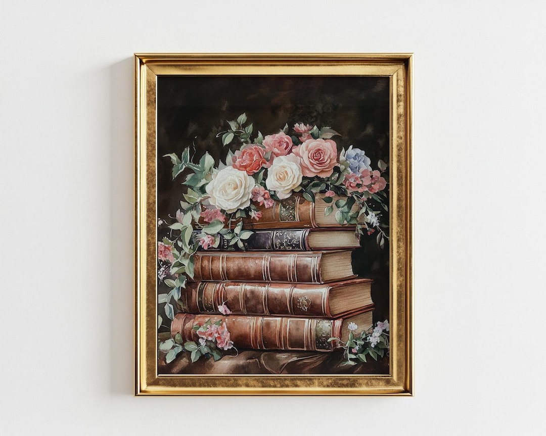 Stack of Books With Flowers Vintage Art Painting, Cottagecore Decor ...
