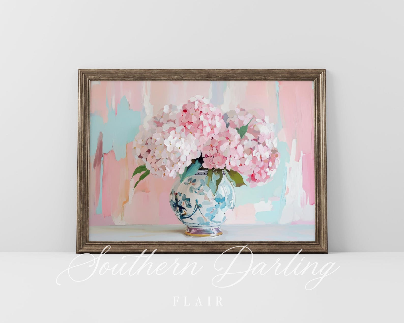 Pink Hydrangeas in Vase, Pastel Abstract Art Print, Southern Vibes ...
