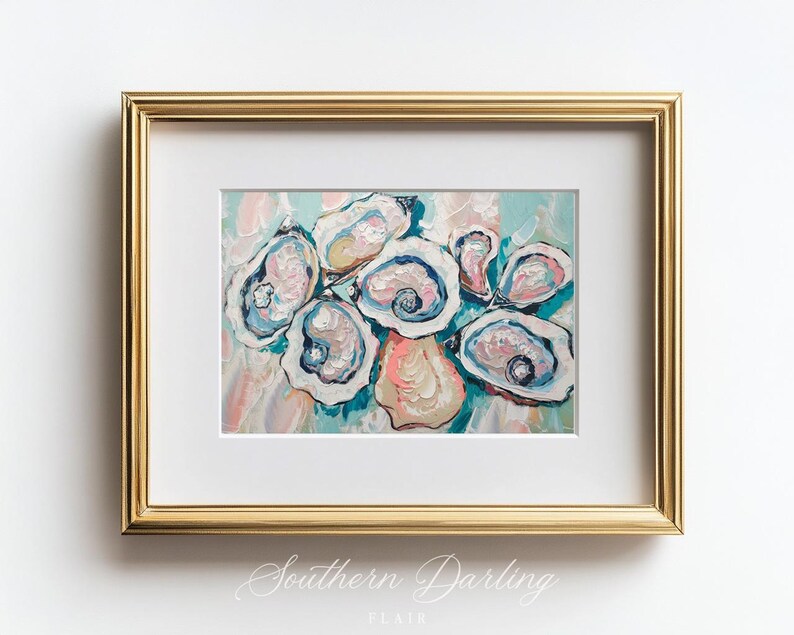 Colorful Oyster Shell Painting, Coastal Pastel Color Grandmillenial Art ...