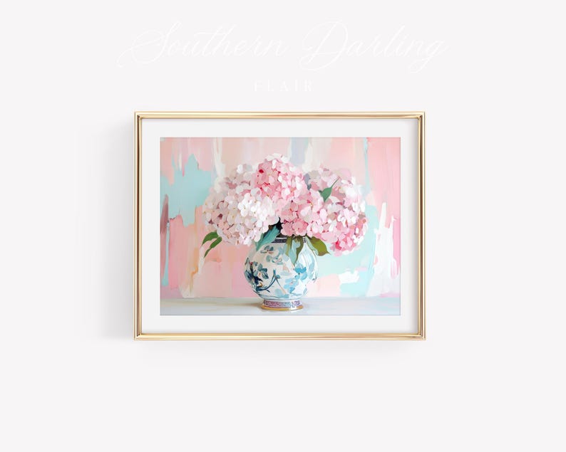 Pink Hydrangeas in Vase, Pastel Abstract Art Print, Southern Vibes ...