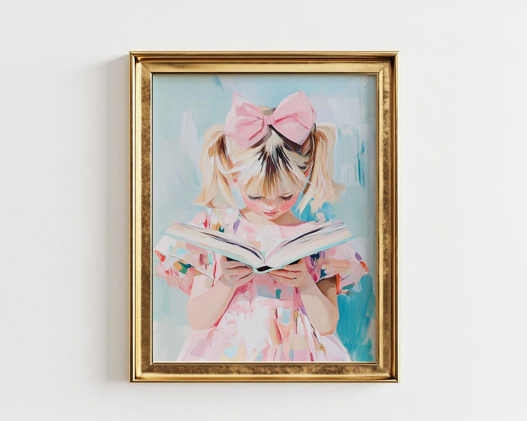 Little Girl Reading Art Print, Blonde Child With Book, Girly Pink ...