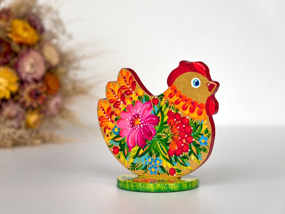 Hand Painted Wooden Easter Chicken Decor, Petrykivka Folk Art - Etsy