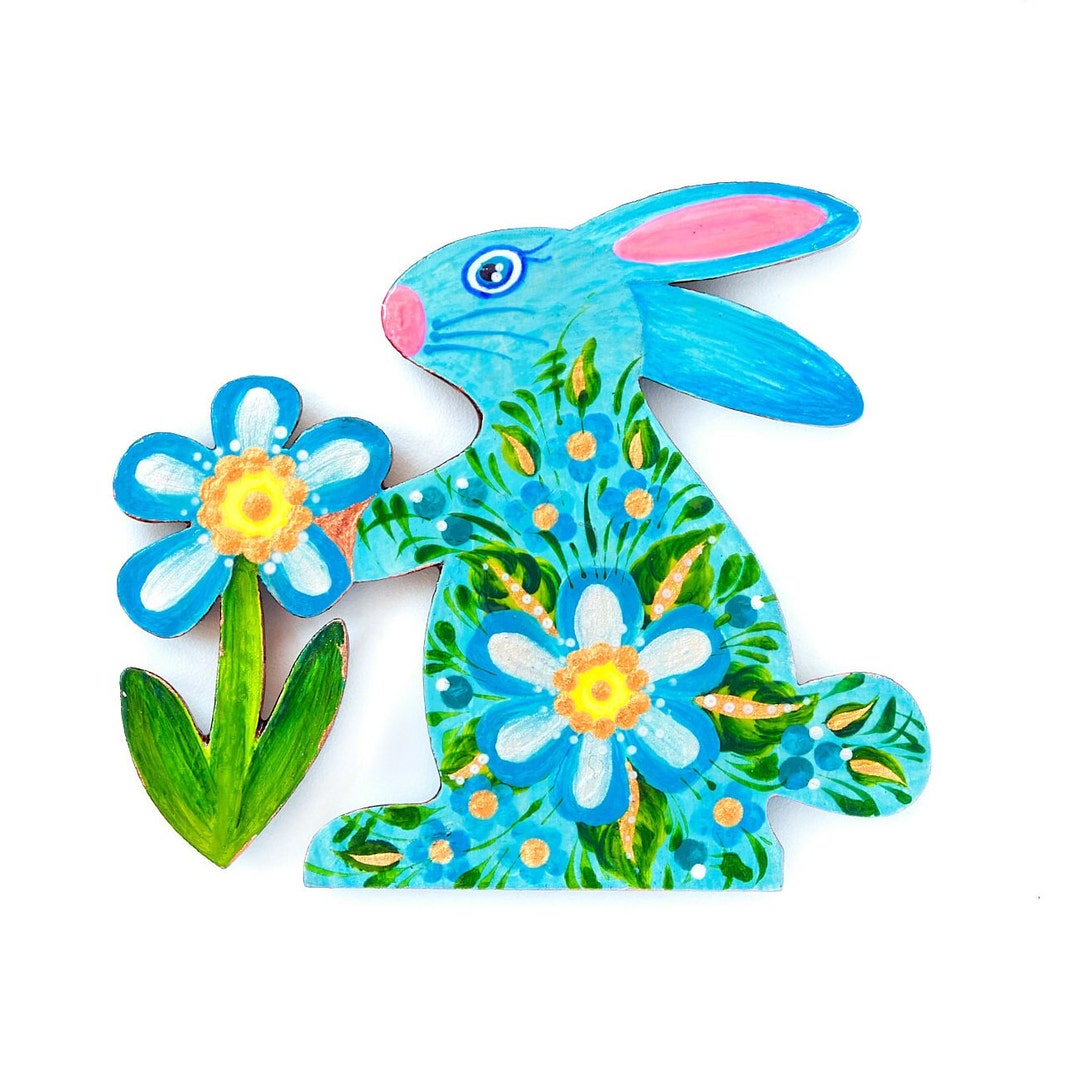 Hand-painted Rabbit Fridge Magnet, Petrykivka Floral Decor - Etsy