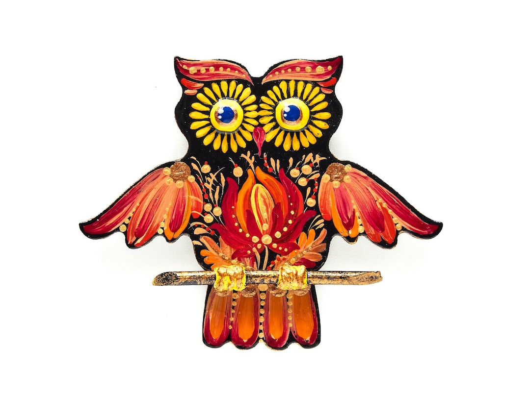 Ukrainian Hand Painted Souvenir, Wood Owl Fridge Magnet With Petrykivka ...