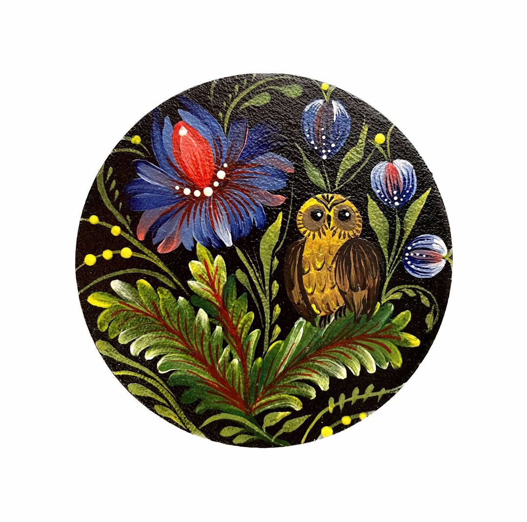 Round Cup Coaster With Petrykivka Painting, Hand Painted Wooden Coaster ...