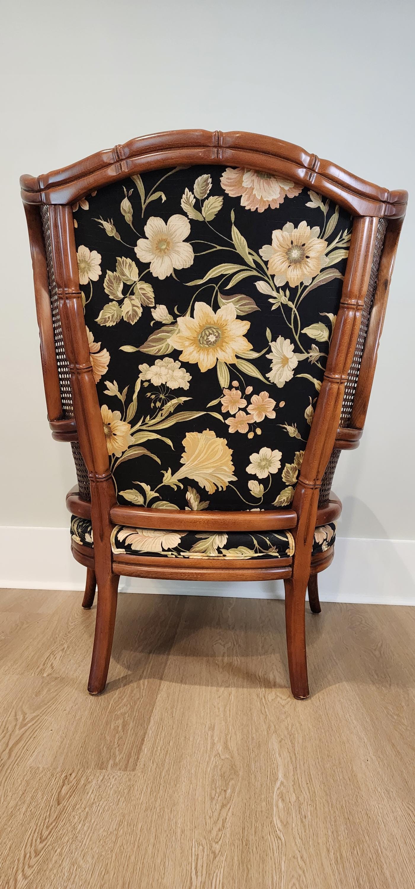 Ethan Allen Faux Bamboo Cane Wingback Accent Chair With Floral ...