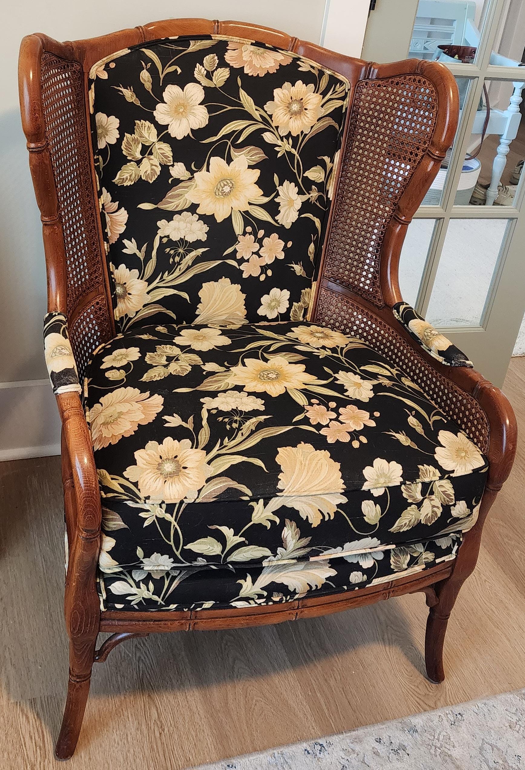 Ethan Allen Faux Bamboo Cane Wingback Accent Chair With Floral ...