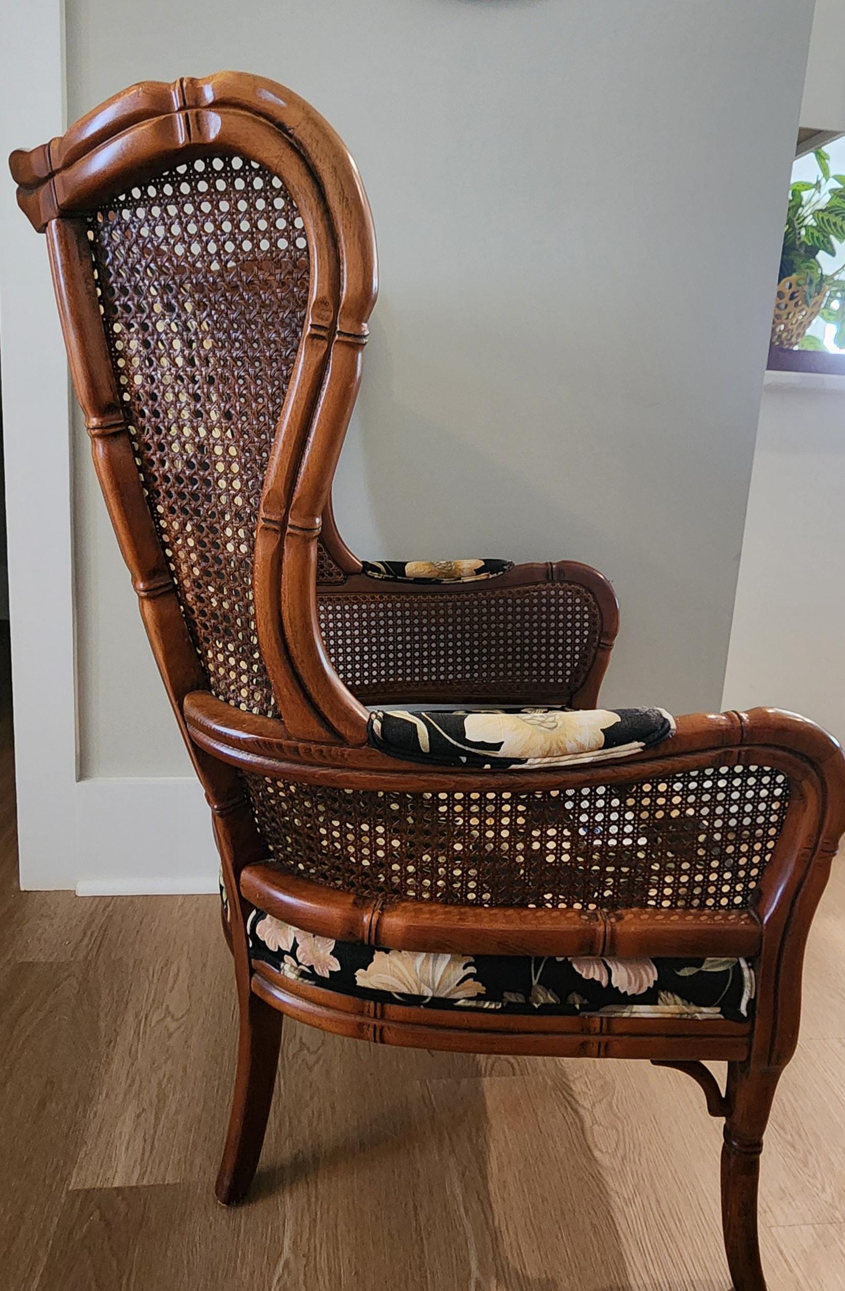 Ethan Allen Faux Bamboo Cane Wingback Accent Chair With Floral ...