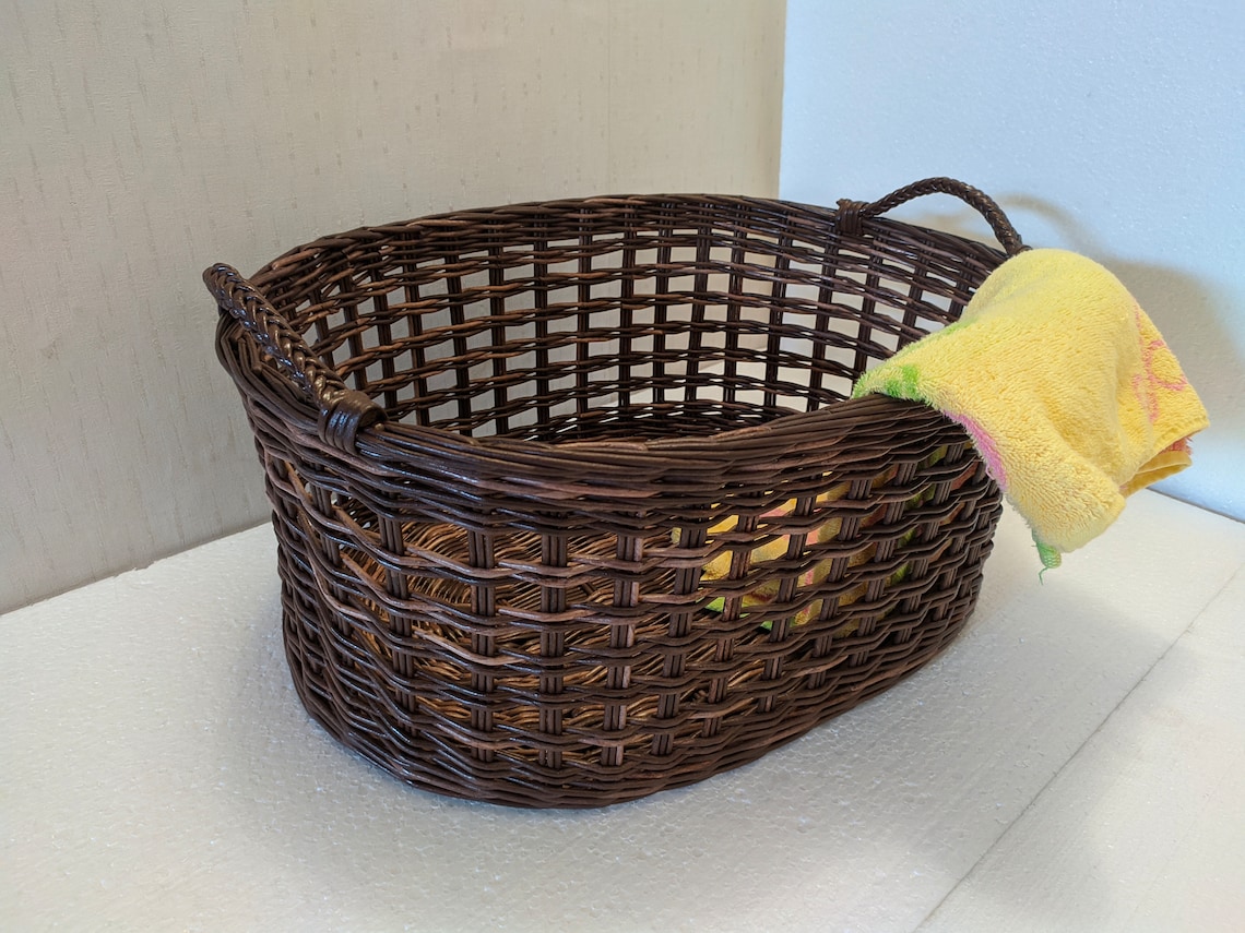 Wicker Laundry Basket Large Shallow Basket With Handles Oval | Etsy